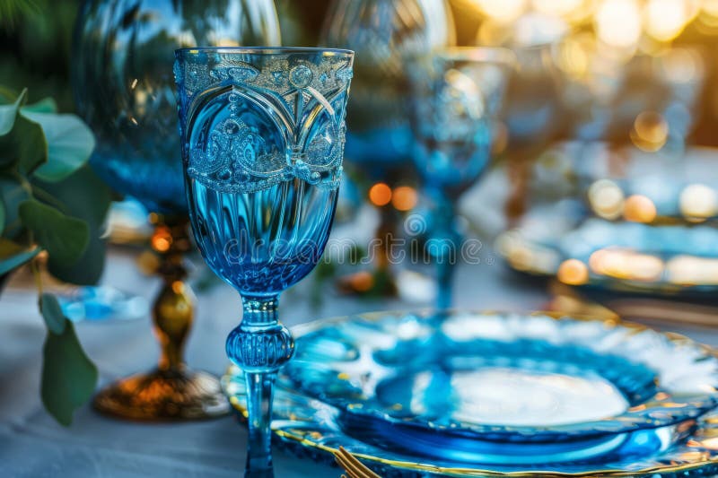 Glassware on a Formal Dining Table Set. Blue and Clear Glasses Stock ...