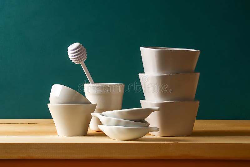 Glassware. Glass Plates, Cups, Bowls. Dishes on Shelf. Kitchenware ...