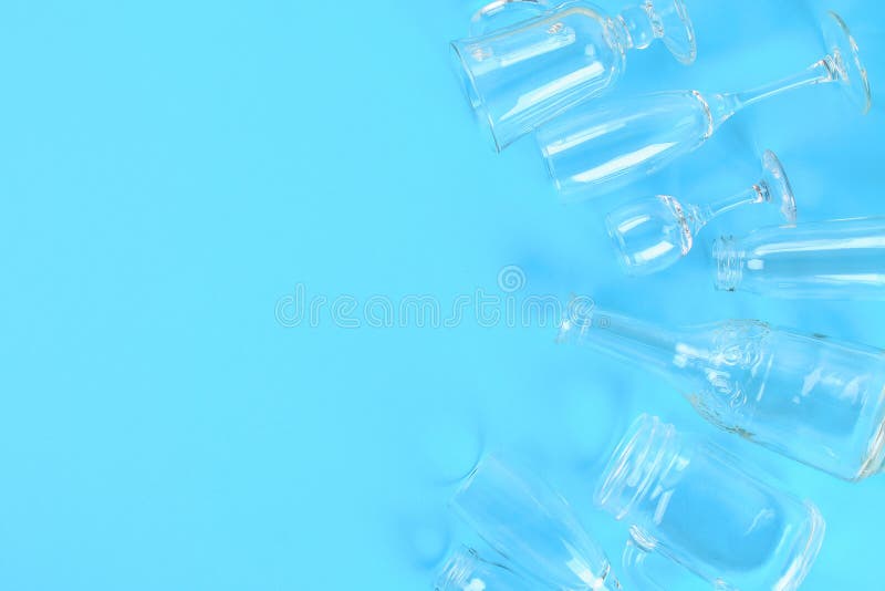 Glassware, Glasses, Jars on a Pastel Blue Background. Flat Lay, Top ...