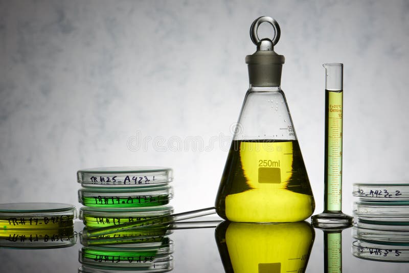 Glassware Placed in a Laboratory Table with Liquid Stock Image - Image ...