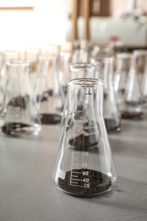 Glassware with Soil Samples on Grey Table Stock Image - Image of ...