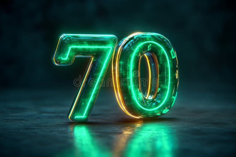 Glassy Number 70 with Glowing Green Neon Effect is Reflecting on Dark ...