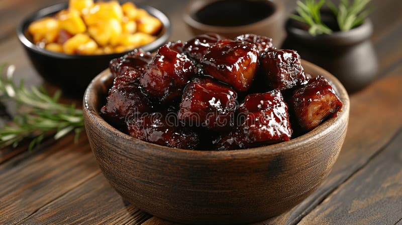 Glazed BBQ Pork Cubes Bowl, Corn, Sauce, Wood Stock Illustration ...