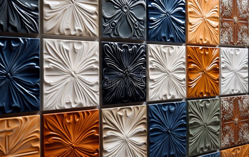 Glazed Ceramic Tiles Displayed in an Array of Colors and Patterns,close ...