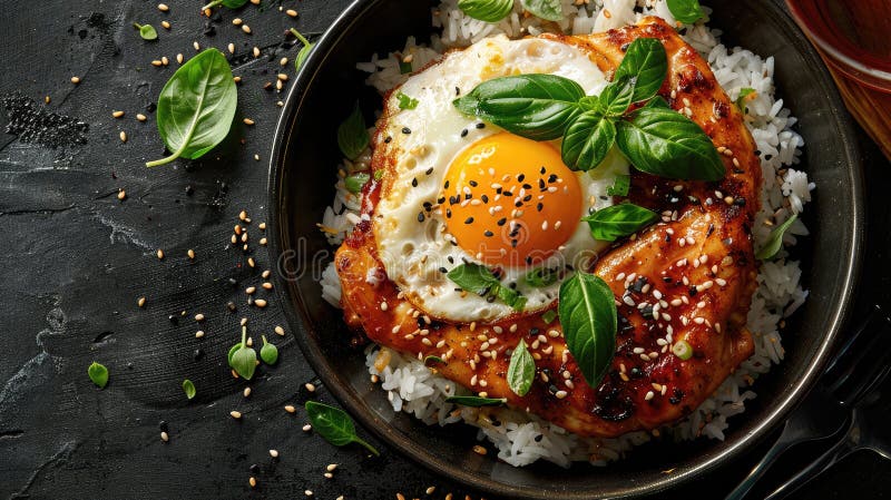 Glazed Chicken Over Rice with a Sunny-side Up Egg and Fresh Basil ...