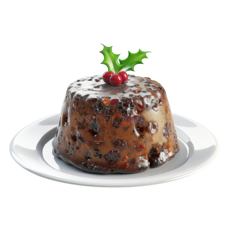 Glazed Christmas Pudding with Holly and Berries on a White Plate Stock ...