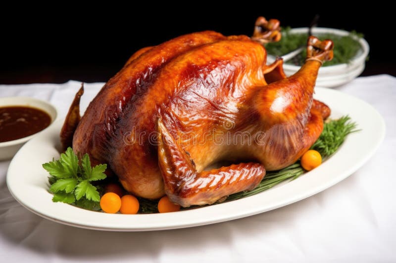 Glazed Cooked Turkey, Presented on a Large White Plate Stock Photo ...