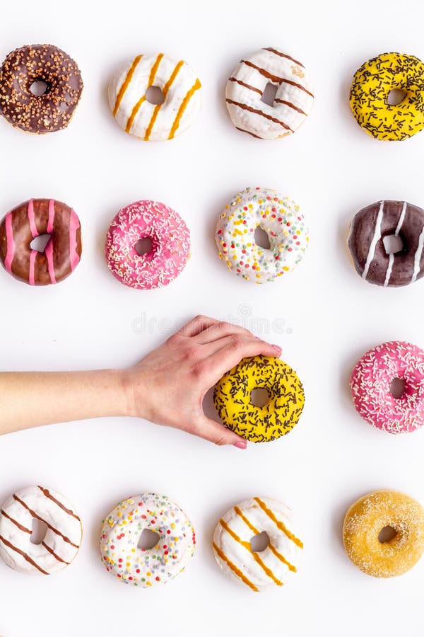 Glazed Decorated Donuts Pattern on White Background Flat Lay Stock ...