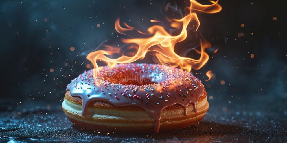 A Glazed Dessert Donut Ablaze with Dramatic Flickering Fire on Top ...