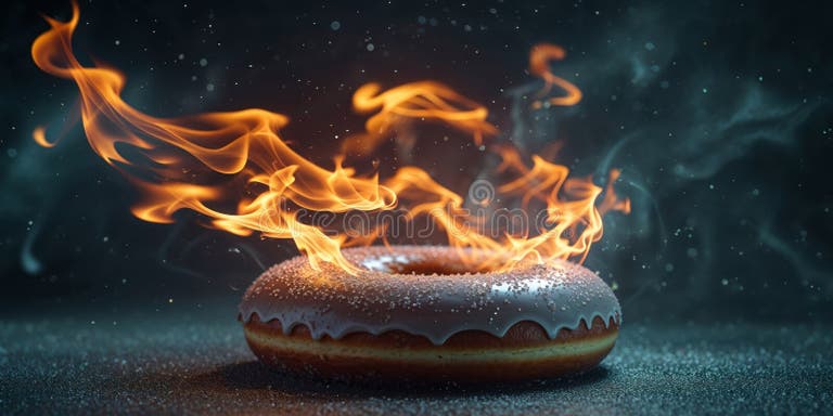 A Glazed Dessert Donut Ablaze with Dramatic Flickering Fire on Top ...