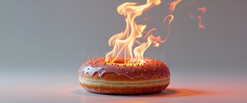 A Glazed Dessert Donut Ablaze with Dramatic Flickering Fire on Top ...