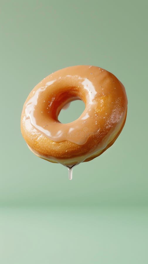 Glazed Donut Dripping Caramel Icing Against Green Background Stock ...