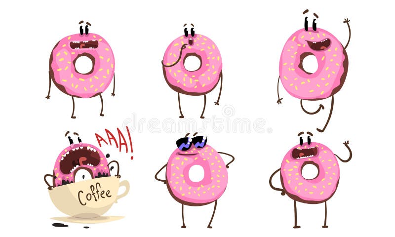 Donuts Cartoon Characters Set, Humanized Glazed Doughnuts with ...