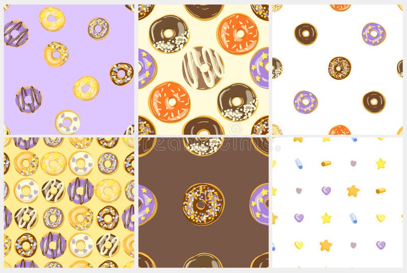 Glazed Donuts Seamless Pattern Set. Vector Illustrations with Doughnuts ...