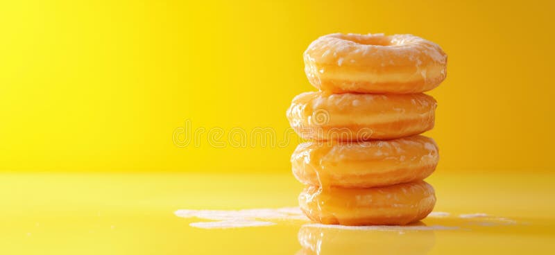 Glazed Donuts Stacked, Bright Yellow Background, Sugary Coating, Soft ...