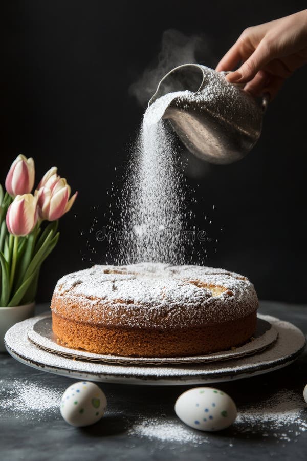 Glazed Easter Cake on a Dark Rustic Surface, with Sugar Powder Being ...