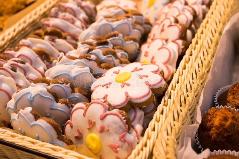 Glazed Flower Shaped Pastries on a Bakery Counter Stock Image - Image ...