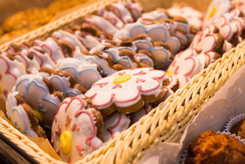 Glazed Flower Shaped Pastries on a Bakery Counter Stock Photo - Image ...