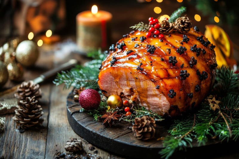 Glazed Ham with Christmas Decorations on Wooden Board Stock ...