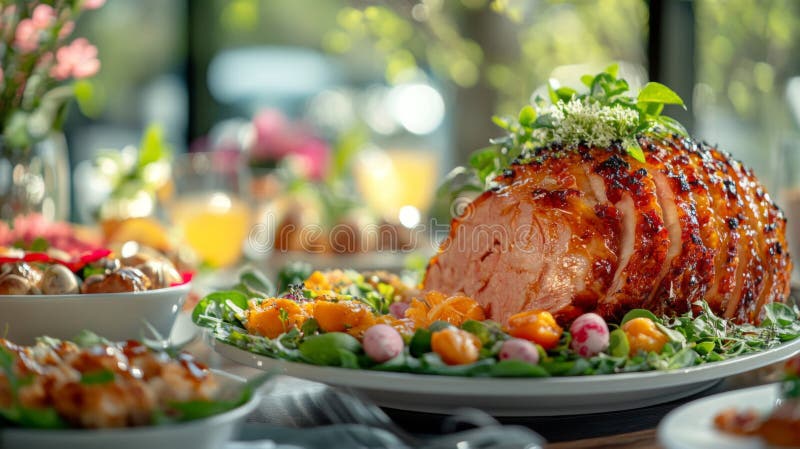 Glazed Ham Easter Dinner Festive Table Setting Stock Illustration ...