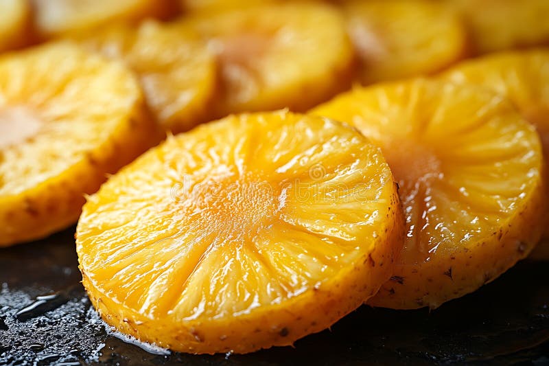 Glazed Pineapple Slices with Shiny Texture, Round Shape on Dark ...