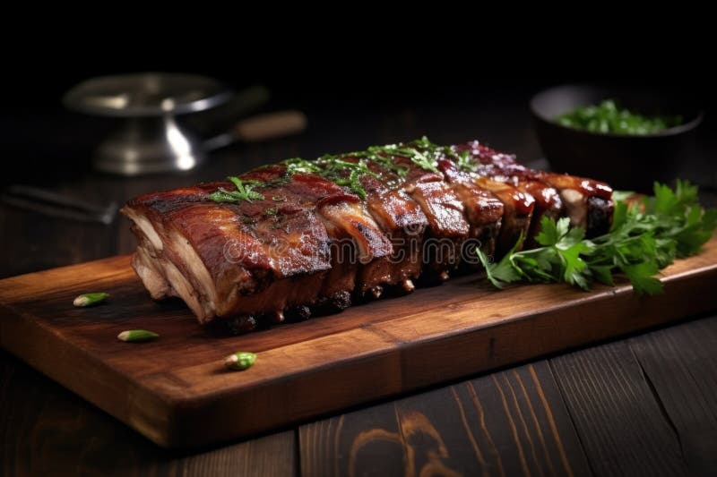 Glazed Pork Ribs Served on a Dark, Modern Slab Stock Illustration ...