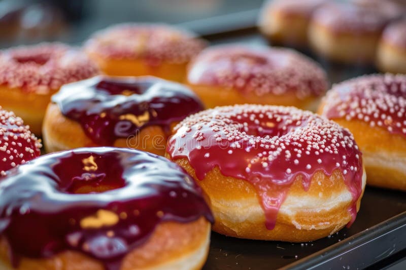 Glazed Raspberry Donuts on Display Stock Image - Image of raspberry ...
