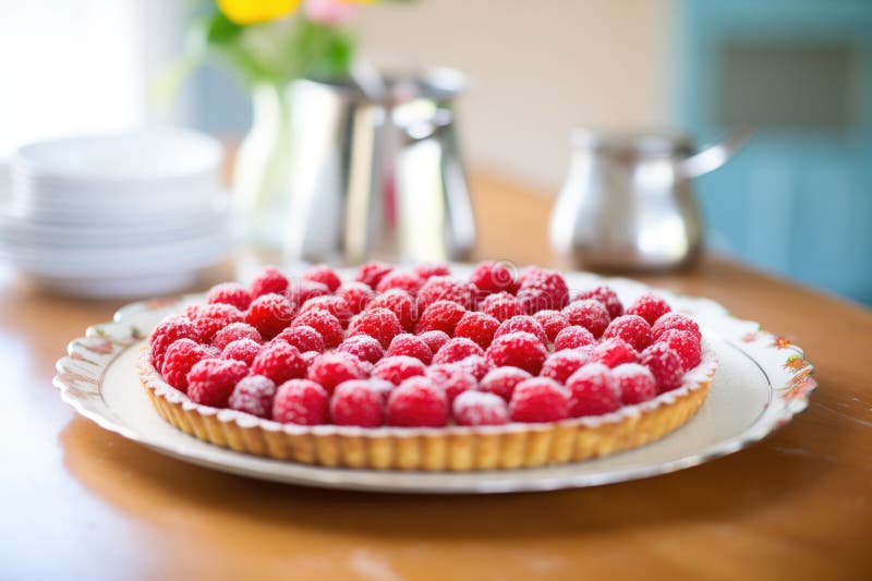 Glazed Raspberry Tart with Shiny Topping on a Silver Platter Stock ...