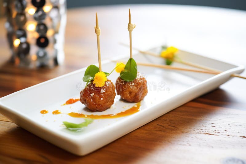 Glazed Spanish Meatballs with Toothpick on a White Plate Stock ...