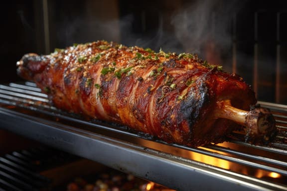 A Glazed Spiced Leg of Lamb Rotating on a Kitchen Spit Stock Image ...