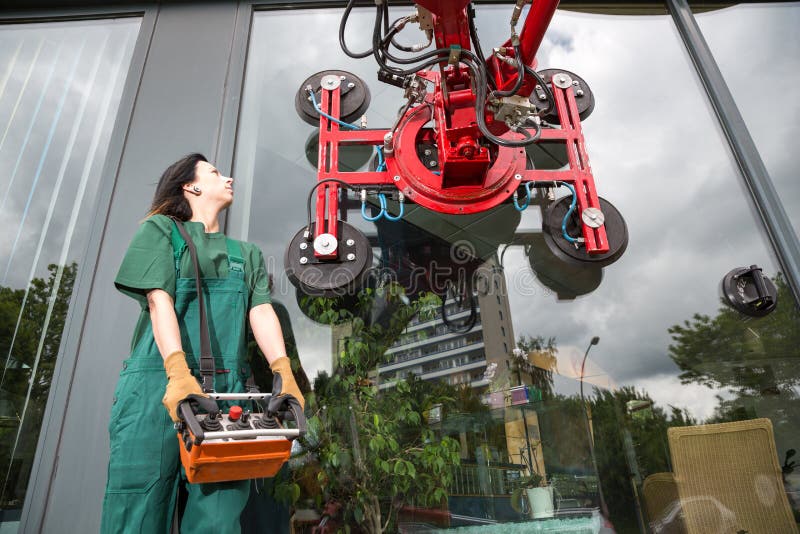 Glazier Operating Glass Installation Crane Stock Image - Image of ...