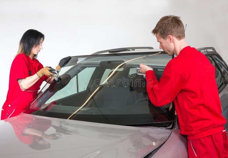 Glazier with Car Windshield Made of Glass Stock Photo - Image of ...