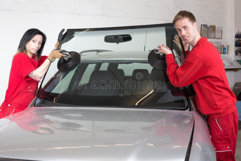 Glazier with Car Windshield Made of Glass Stock Photo - Image of ...