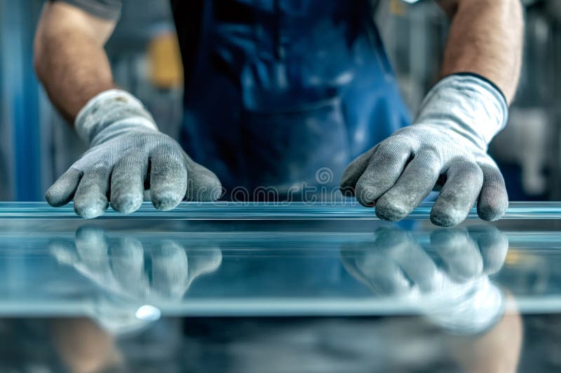 Glazier Working with Large Glass Pane in Workshop Stock Image - Image ...