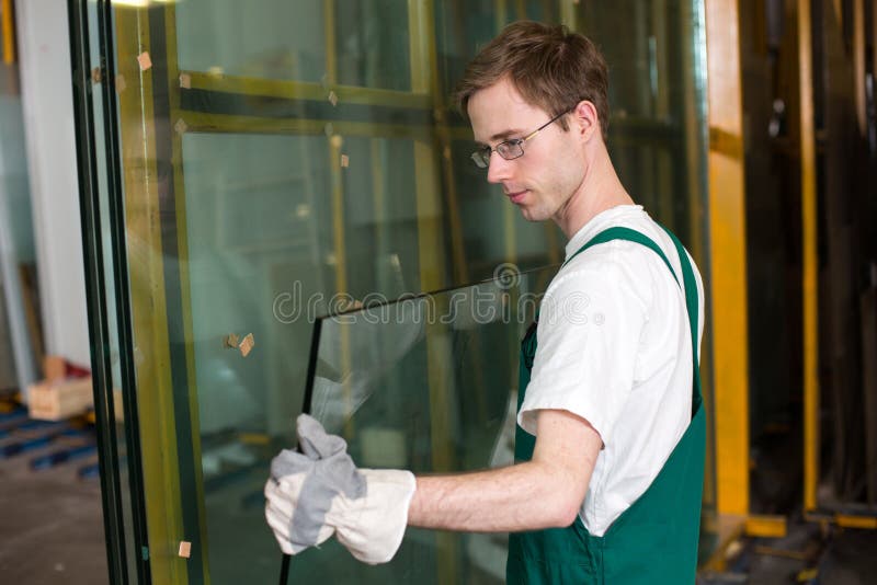 Glazier in Workshop Handling Glass Stock Image - Image of working ...