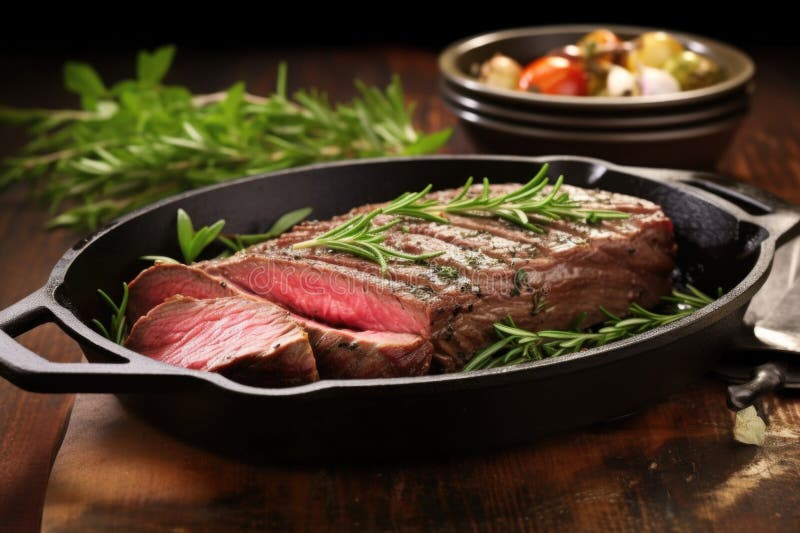 Gleaming Beef Roast in Black Iron Skillet with Herbs Stock Illustration ...