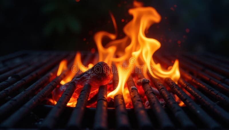 Gleaming Black Grill, Vibrant Flames Lick Empty Grate, Empty, Intense ...
