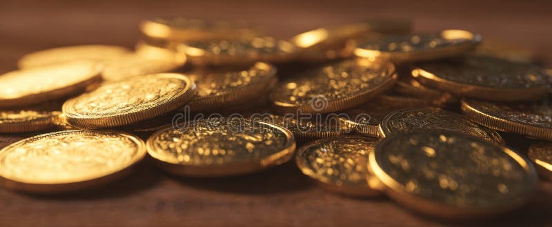 The Gleaming Collection of Gold Coins on a Rustic Wooden Surface..AI ...