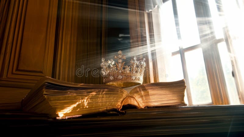 Gleaming Crown Resting on an Open Ancient Book with Sunlight Streaming ...