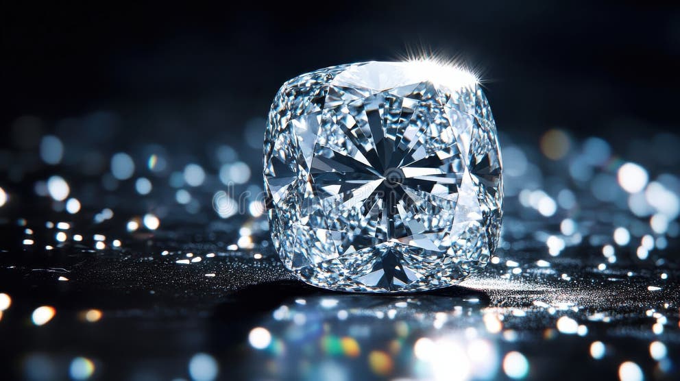 Gleaming Diamond with Sparkling Facets on Dark Reflective Surface ...