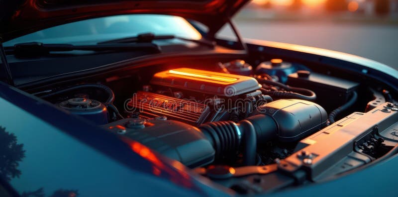 Gleaming Engine Bay, Warm Light Illuminates Components, Sunlight, Parts ...
