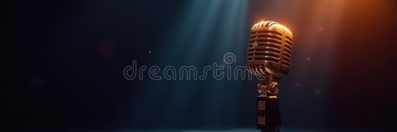 Gleaming Gold Microphone on Dark Stage, Spotlight , Sound, Background ...