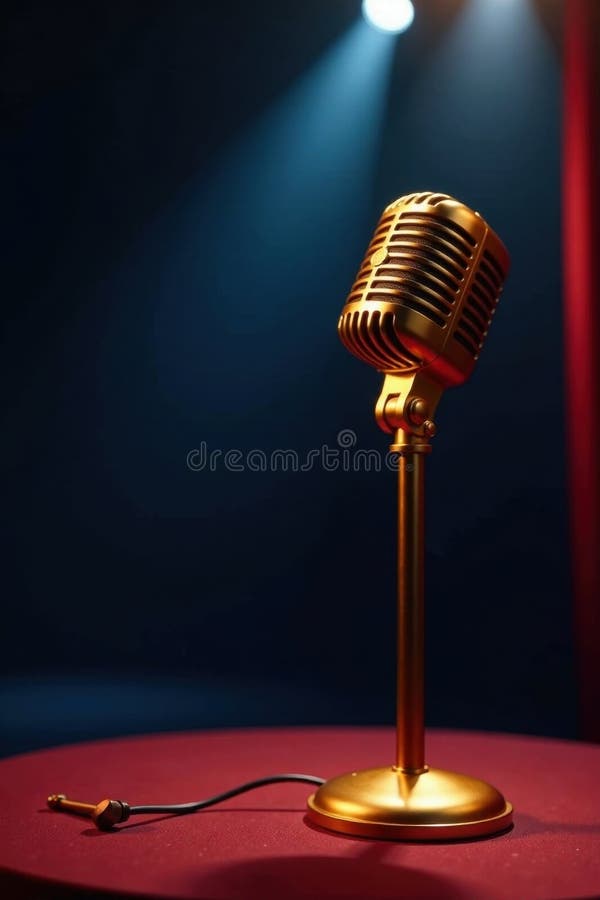 Gleaming Golden Microphone Stands Alone on Dark Stage , Stage, Award ...