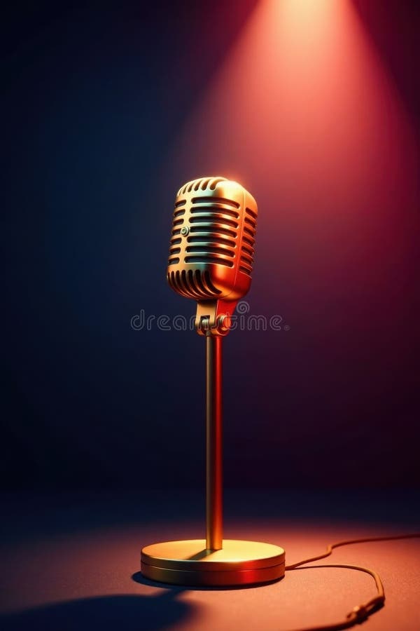 Gleaming Golden Microphone Stands Alone on Dark Stage , Detail ...