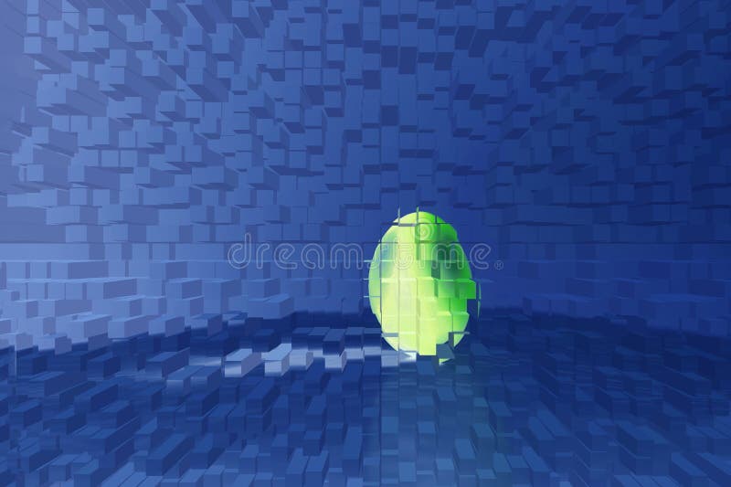 Gleaming Green Neon Light Fragmenting on Textured Blue Cubic Surface ...