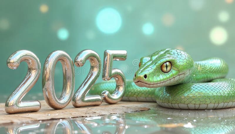 Gleaming Green Snake beside Silver 2025 on Reflective Surface, New Year ...