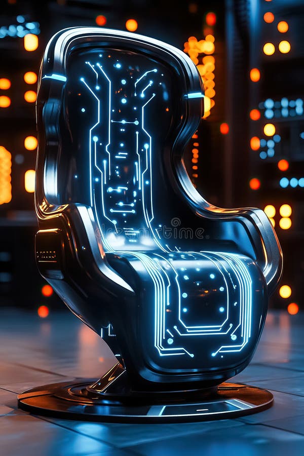 A Gleaming Metallic Throne Features Intricate Neon Designs, Set Against ...