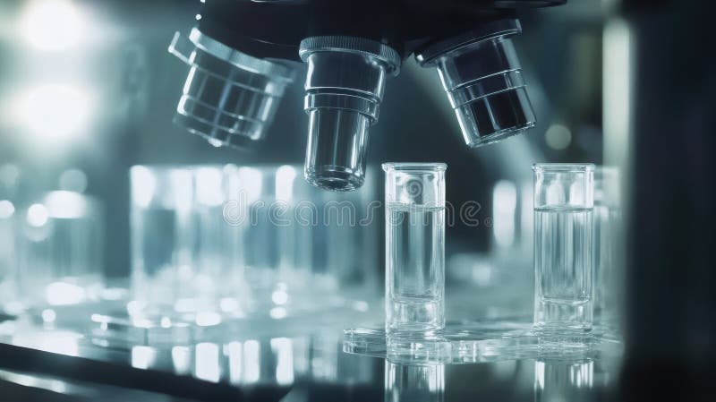 A Gleaming Microscope Sits Atop a Polished Surface, Surrounded by an ...