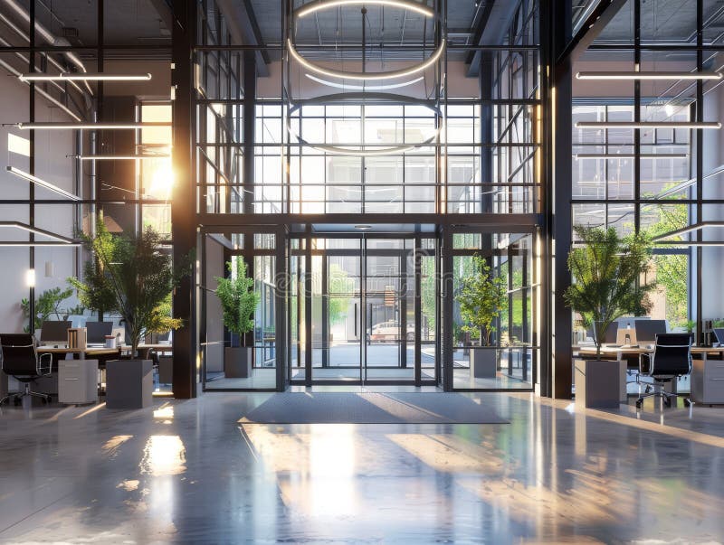 Gleaming Modern Office Bathed in Sunlight Stock Illustration ...