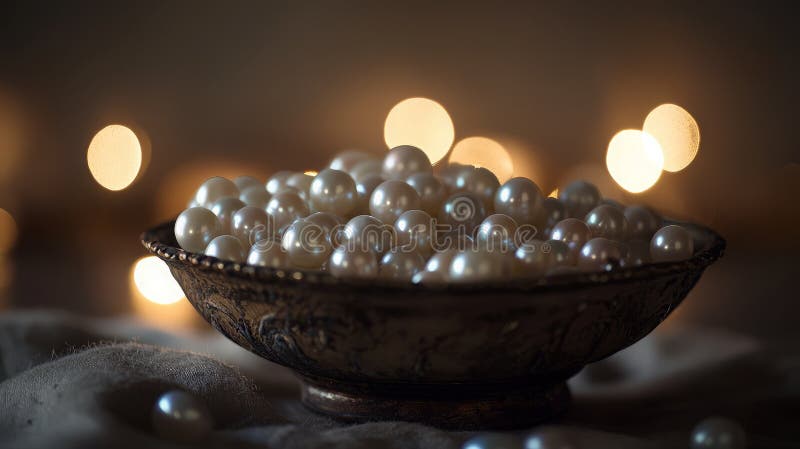 Gleaming Pearls in Antique Bowl, Bokeh Lights Stock Photo - Image of ...